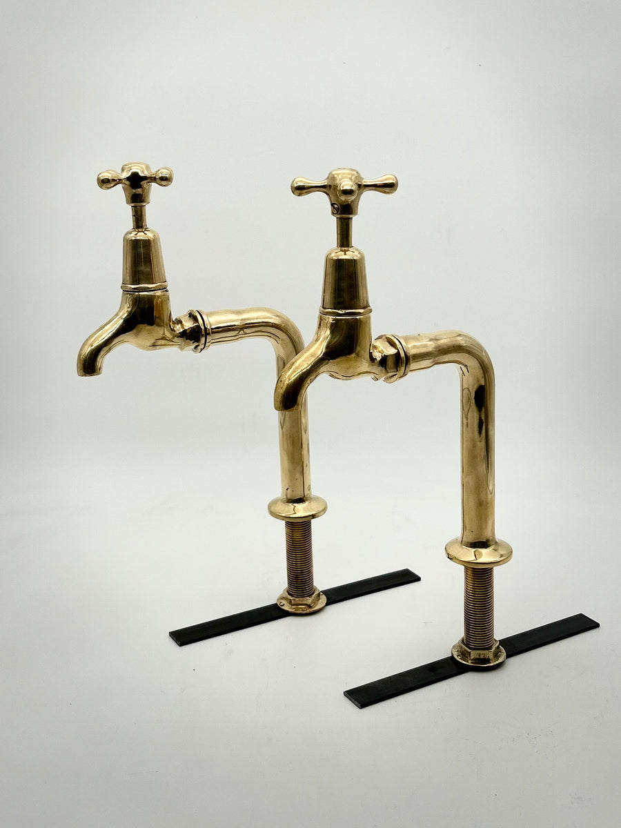 Vintage 1/2" Feed Kitchen Bib Taps on Pedestals in Unsealed Polished B ...