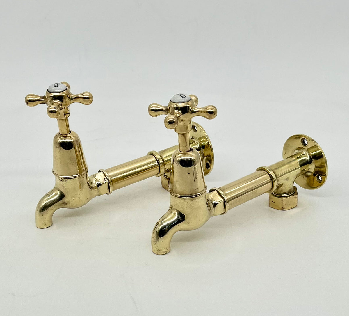 Edwardian Bib Taps on Original Wall Mounts in Unsealed Polished Brass ...